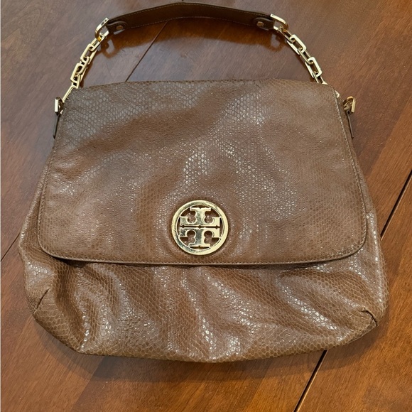 Tory Burch | Bags | Tory Burch Satchel Taupe Snakeskin Gold Tb Chain ...